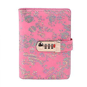 Rose Print PU Leather Journal with Combination Lock Digital Password Journal with Bookmark Pen Loop Retro Privacy Notebook Writing Travel Diary Locking Journal