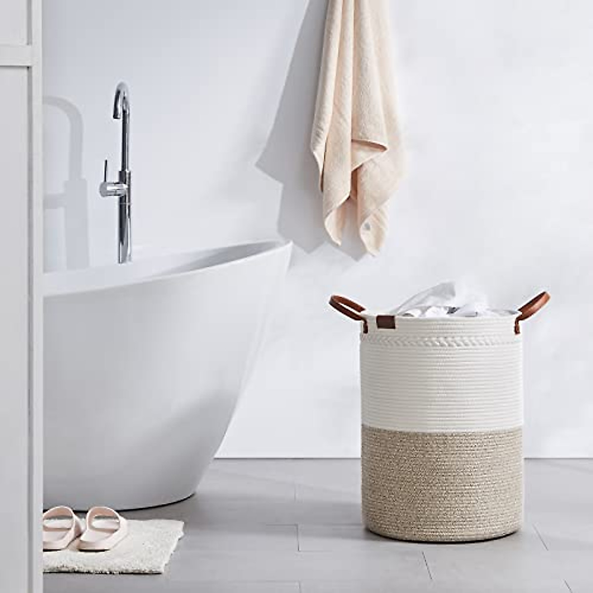 TECHMILLY Tall Laundry Basket, Large Woven Cotton Rope Dirty Clothes Hamper with Handle for Nursery, Bathroom, Bedroom - 72L