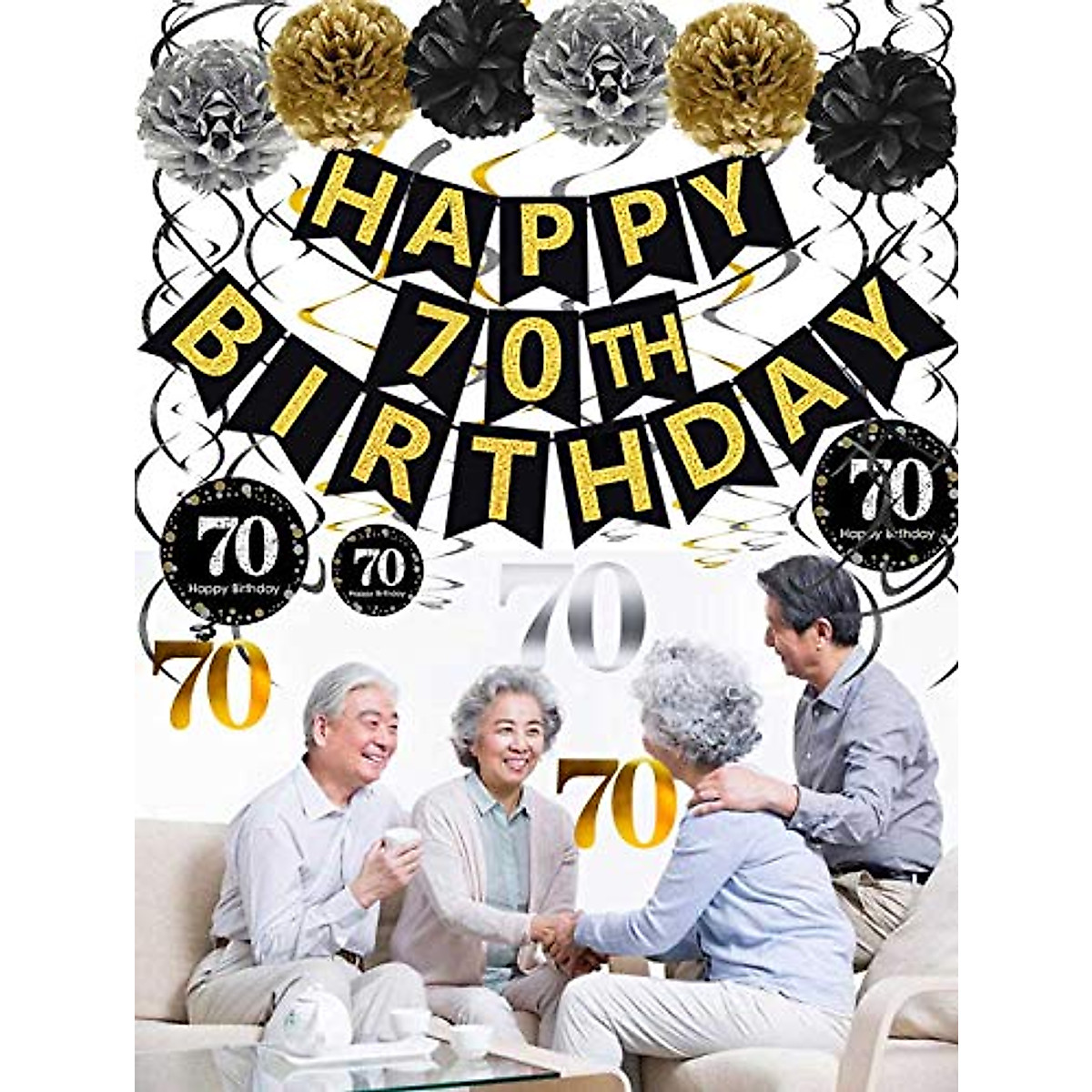Famoby Black & Gold Glittery Happy 70th Birthday Banner,Poms,Sparkling 70 Hanging Swirls Kit for 70th Birthday Party 70th Anniversary Decorations Supplies