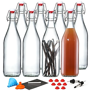 8 Pack [1 Liter / 33 fl. oz.] Swing Top Glass Bottles w/ Airtight Stopper Lids – Flip Top Brewing Bottle for Fermentation, Kombucha, Mead, Vinegar, Beer, Kefir, Wine – With 8 Extra Seals & 2 Pourers