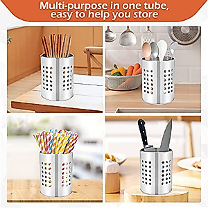 EORTA Stainless Steel Kitchen Utensil Holder Flatware Cylinder Silverware Draining Organizer Drying Rack with Round Drain Holes for Forks, Knives, Spoons, Chopsticks, Small