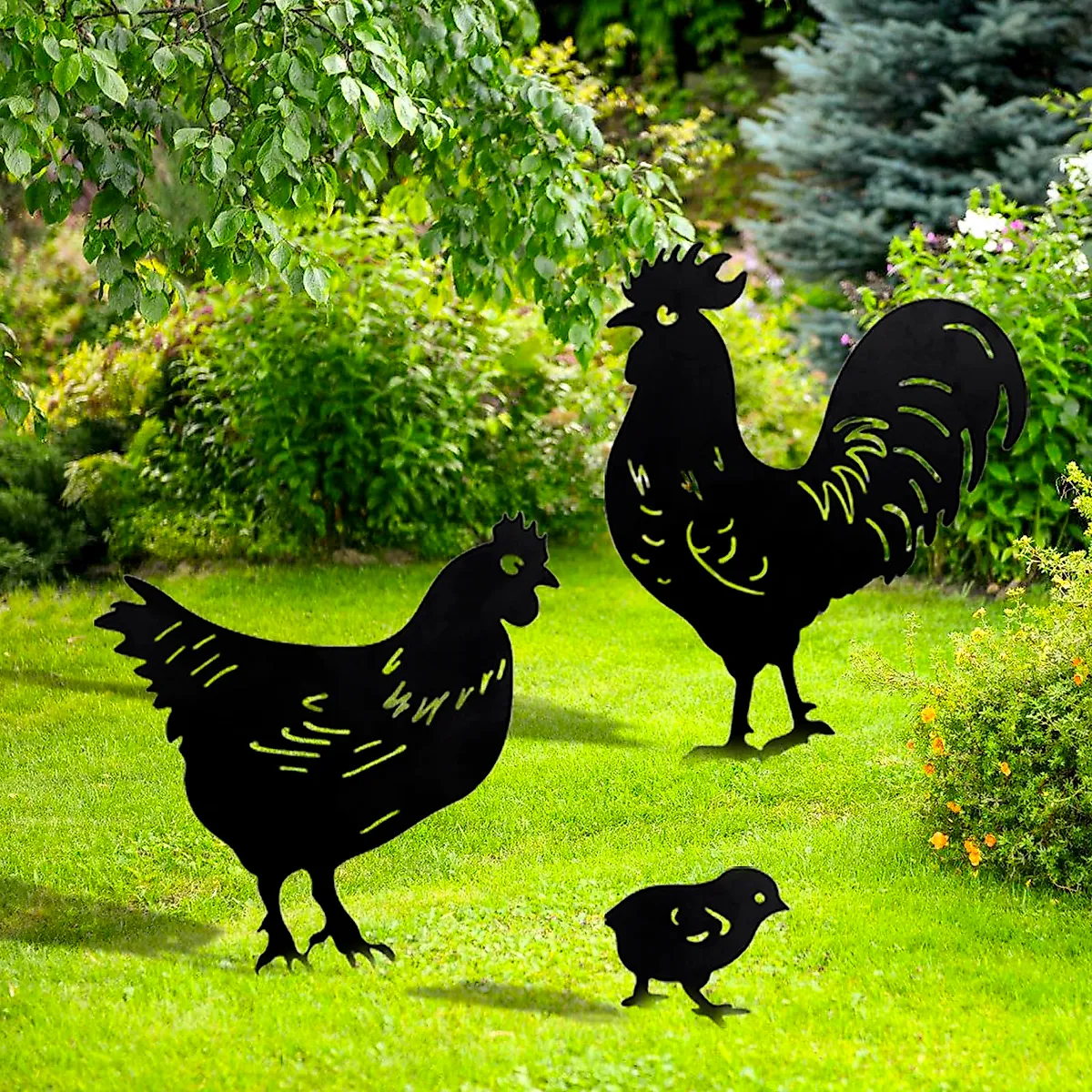 TT & MM Metal Chicken Yard Decor 3 Pcs Rooster Garden Stakes,Chicken Gifts for Women/Men,Hen/Chicks Silhouette Statues for Yard Art,Backyard,Patio,Lawn Ornaments,Outdoor Decor