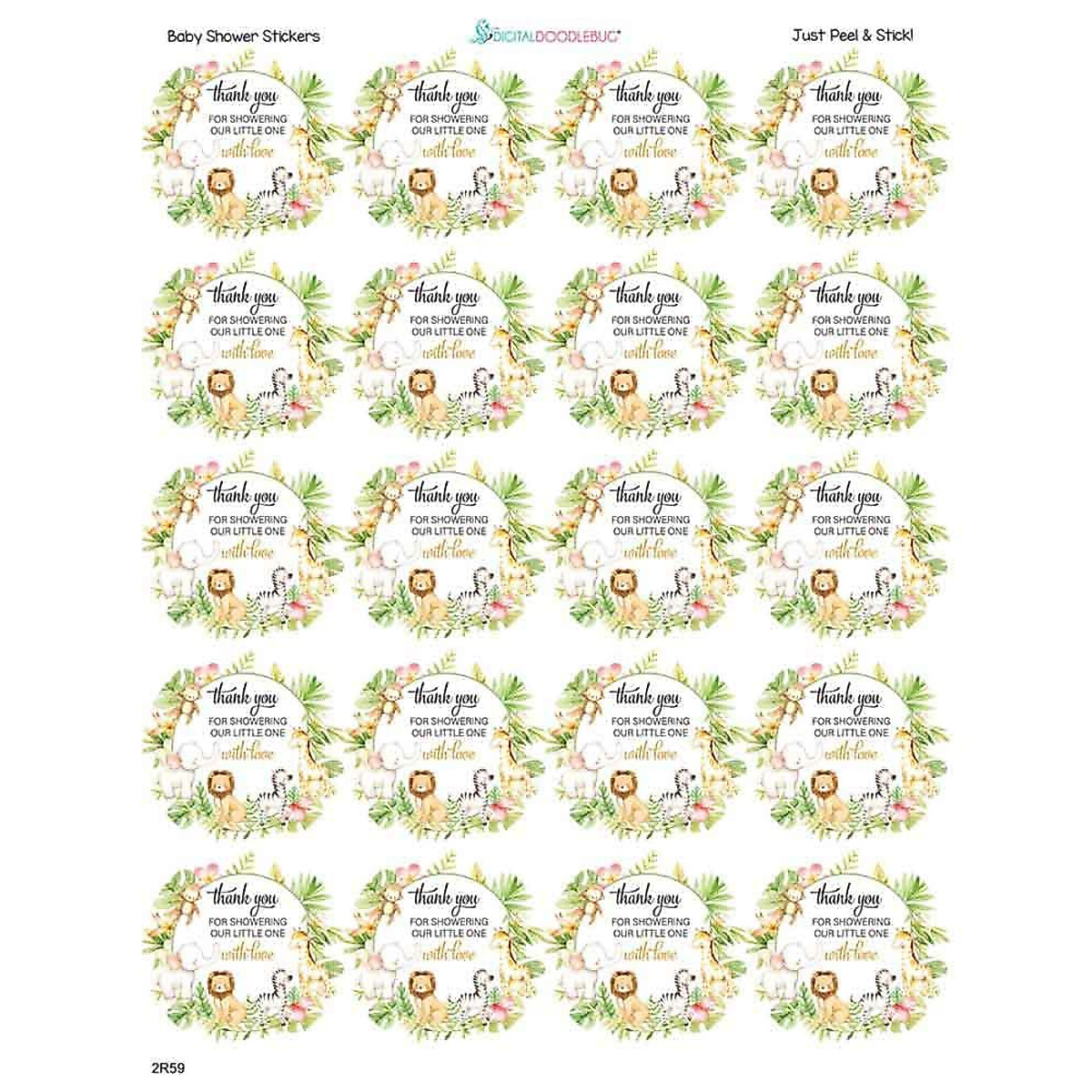 1.9 Inch Thank You Stickers Baby Shower Party Favors Safari Animals 60 Labels