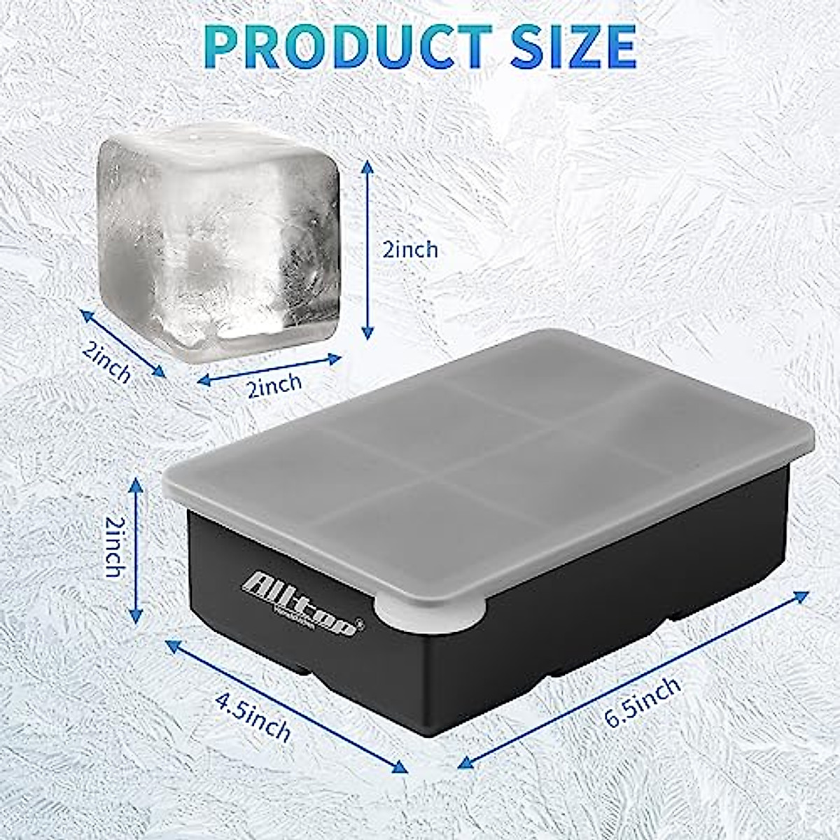 ALLTOP Large Square Ice Cube Trays,Giant Ice Block Maker with Lid for Whiskey, Cocktails,Reusable Silicone Mold, DIY, BPA Free,Freezer - 2 Packs,Black