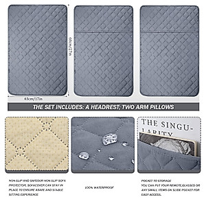 Ganeen 3 Pcs Sofa Armrest Cover 1 Seater Sofa Headrest Slipcovers Nonslip Armchair Cover 27 x 17 Inch Water Proof Furniture Protector with Pocket for Recliner Leather Sofa Couch(Gray)