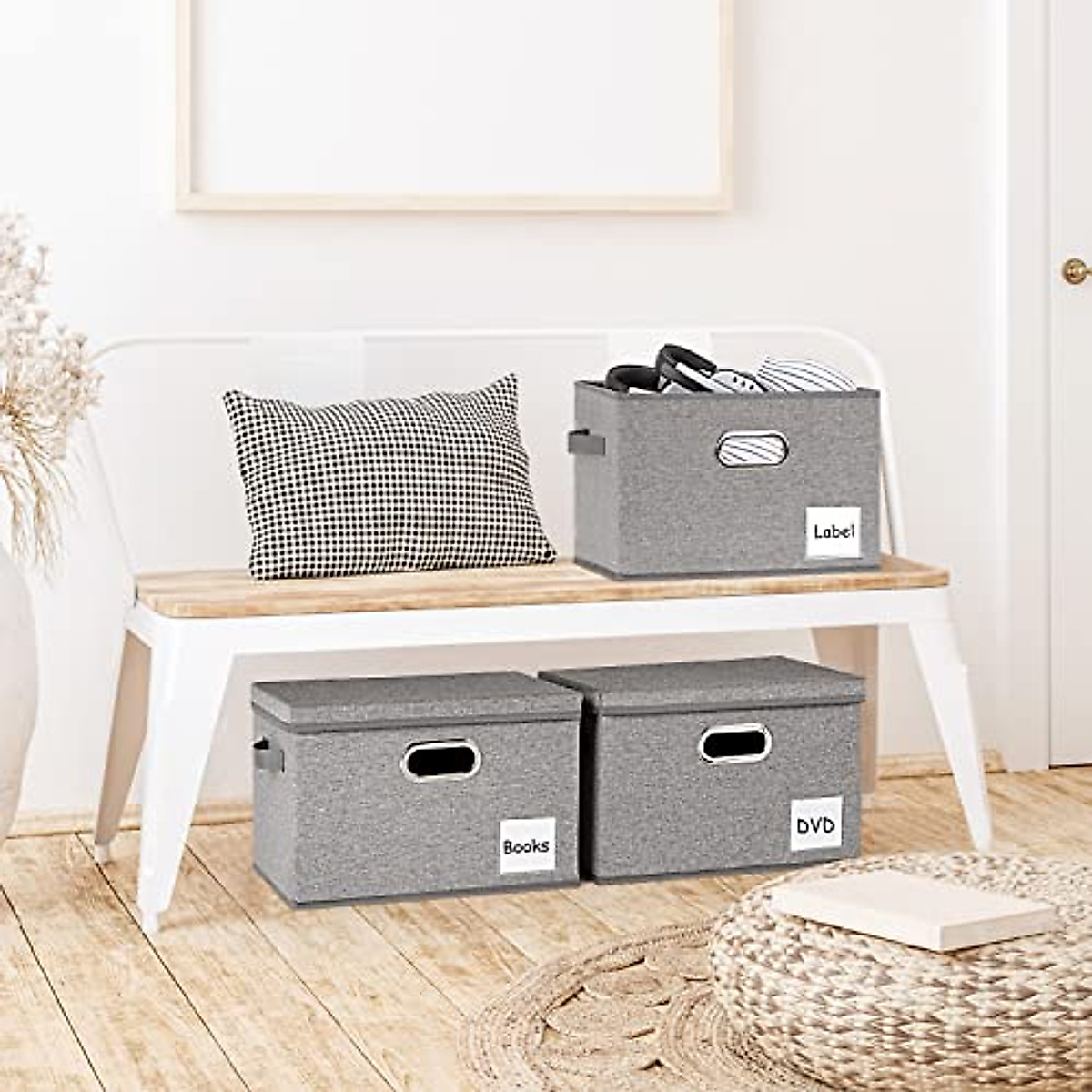 LHZK Large Storage Bins with Lids 6 Pack, Linen Fabric Storage Boxes with Lids, Foldable Storage Baskets with 3 Handles and Label Window for Shelves Bedroom Closet Office (15x11x9.6,Grey,Beige)