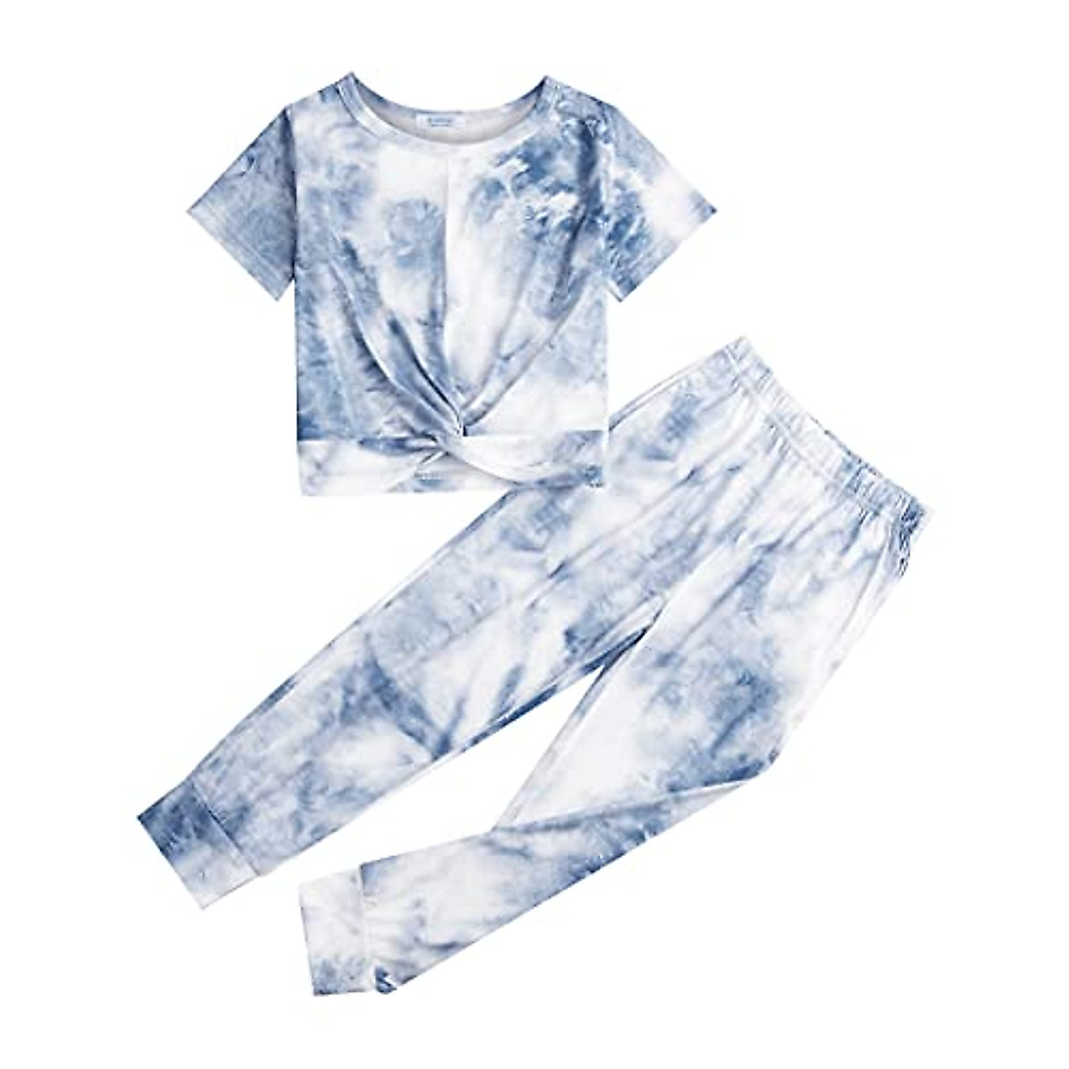 Arshiner Tie Dye Jogger Sets for Girls Casual Twist Front Tops & Pants Set Dusty Blue 8-9 Years Old