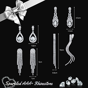 THUNARAZ 4 Pairs Silver Clip on Earrings for Women, Sparkly Rhinestone Tassel Chandelier Teardrop Dangle Earrings for Brides Bridesmaids Non Pierced Prom Jewelry Set Elegant Style