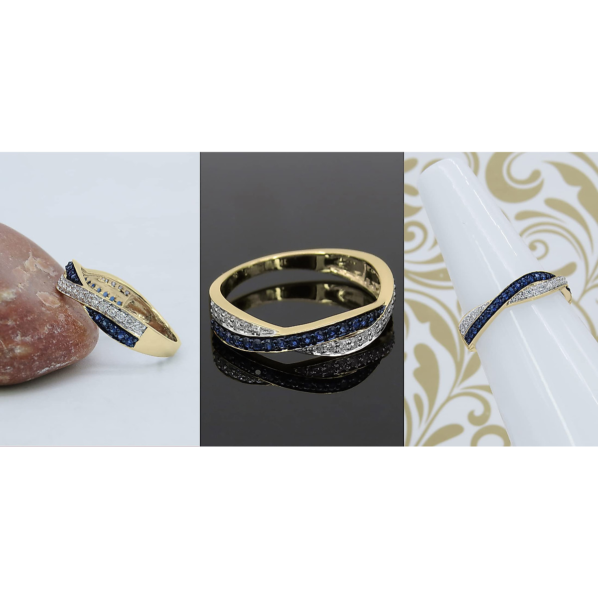 Dazzlingrock Collection Blue Sapphire & White Diamond Swirl Stackable Wedding Band in 14K Yellow Gold Size 9