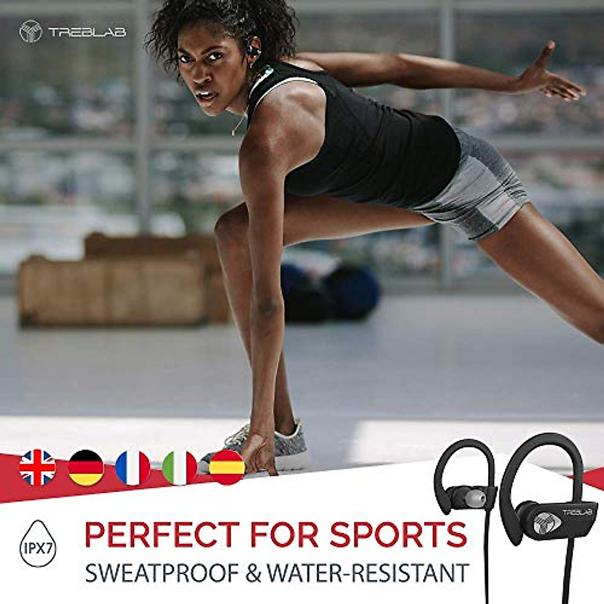 TREBLAB XR500 Bluetooth Headphones, Best Wireless Earbuds for Sports, Running Gym Workout. IPX7 Water Resistant, Sweatproof, Secure-Fit Headset. Noise Cancelling Earphones w/Mic