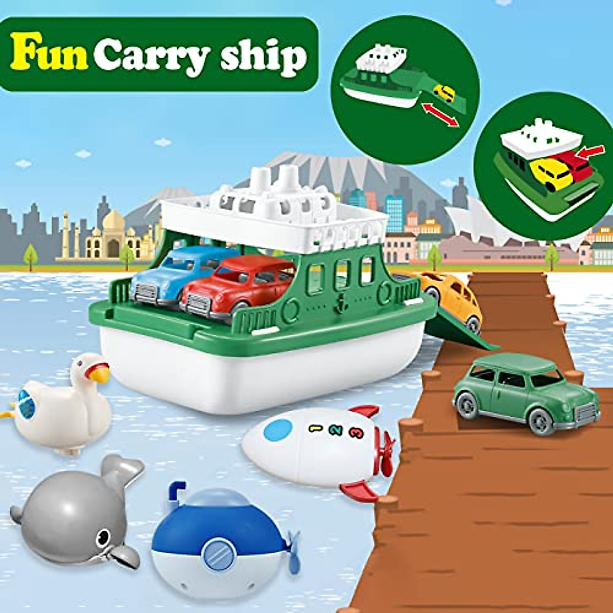 OKGIUGN Ferry Boat Toys Set with 4 Cars and 4 Wind Up Bath Swimming Toys, Kids Bath Toy Floating Vehicle Whales Submarines Swans Rockets, Bathtub Bathroom Pool Beach Toys for Toddlers Boys Girls Kids