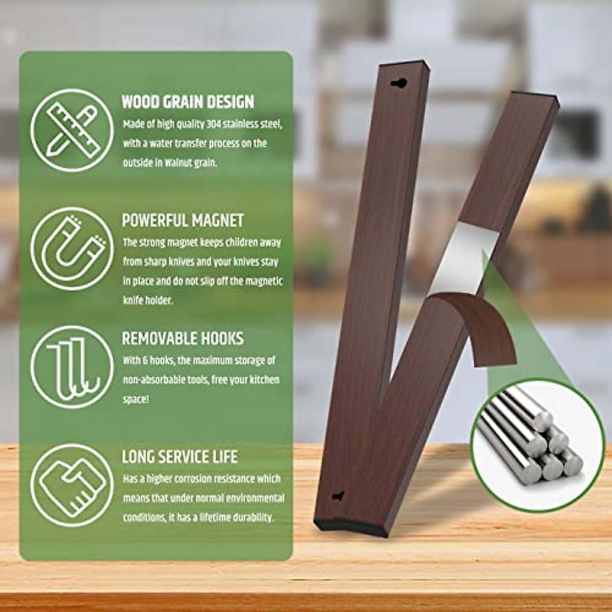 Fridge Applicable 17 inch Walnut Wood Grain Knife Magnetic Strip No Drilling,Magnetic Knife Holder For Wall,Magnetic Knife Rack,Magnetic Knife Bar