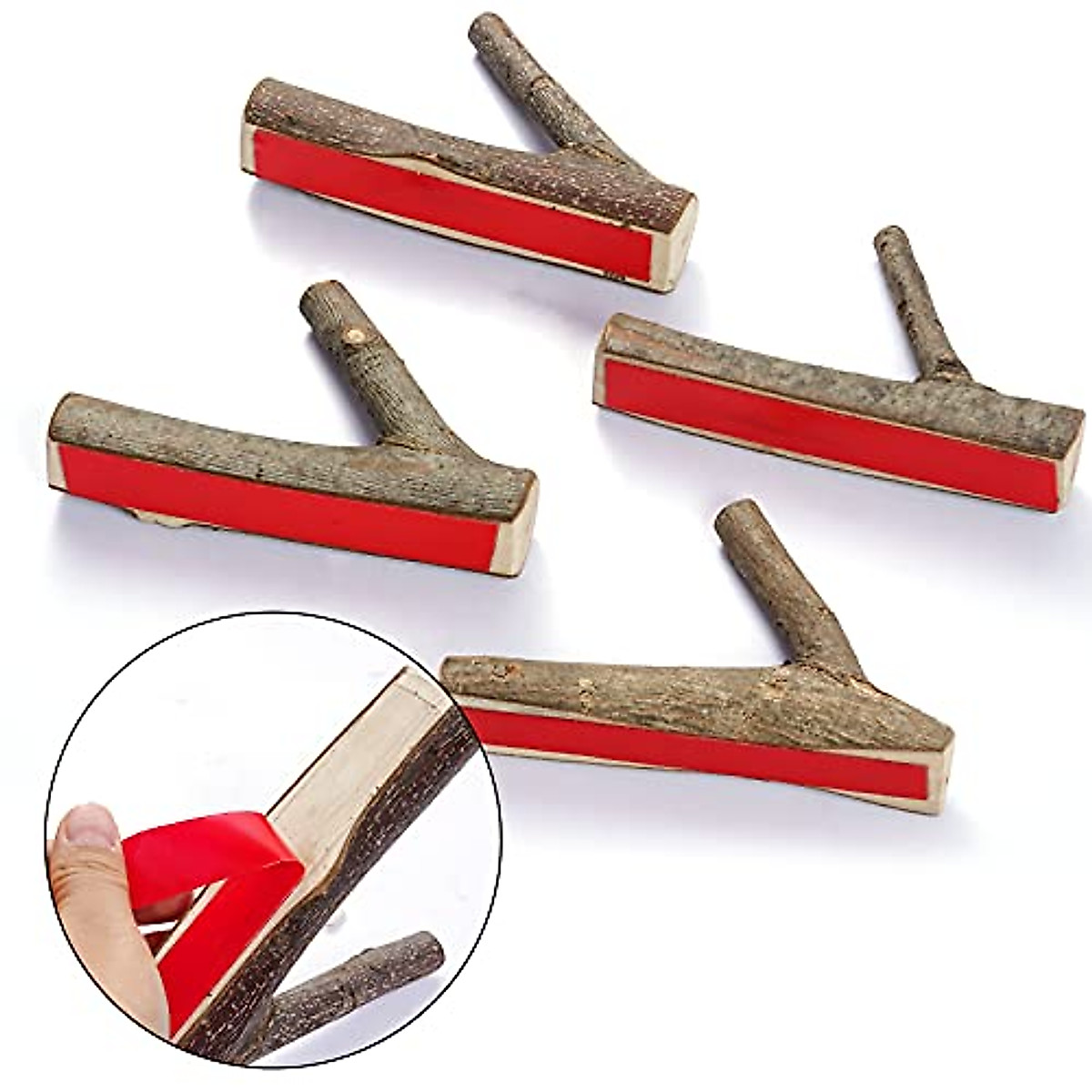 4 Pcs Vintage Wood Hooks, Self Adhesive Wall Hooks Natural Wall Mount Decorative for Home Bathroom Office, Coat Hooks, Key Bag Holders, 2cm-3cm