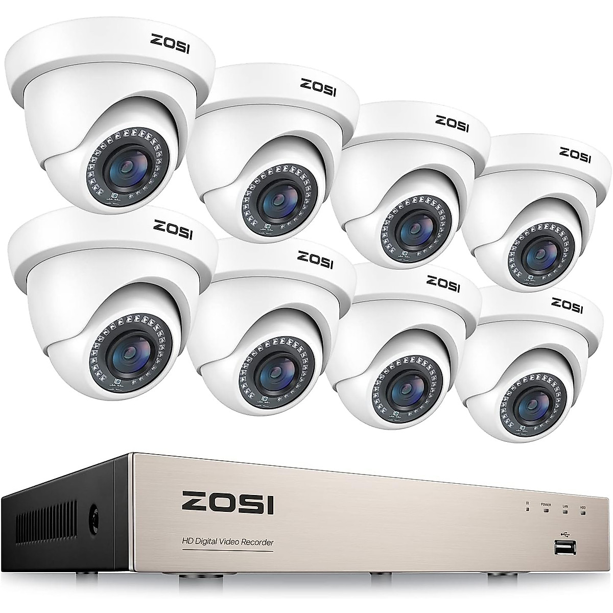 ZOSI 1080P 8CH Home Security Camera System, H.265+ 8 Channel 5MP Lite HD-TVI DVR Recorder and 8pcs 2MP 1920TVL Weatherproof CCTV Dome Cameras Indoor Outdoor, 80ft Night Vision, Remote Access