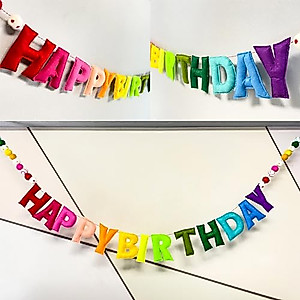 Meygajoe Pre-Strung Happy Birthday Banner - Felt Ball Garland - HAPPY BIRTHDAY Garland, Rainbow Birthday Decorations, Personalized Happy Birthday Sign for Birthday Decor, Party Decor, Photo Prop