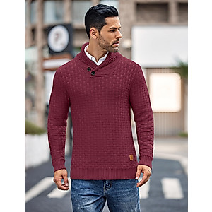 COOFANDY Men's Shawl Collar Sweaters V-Neck Relaxed Fit Basket Knitted Pullovers Wine Red