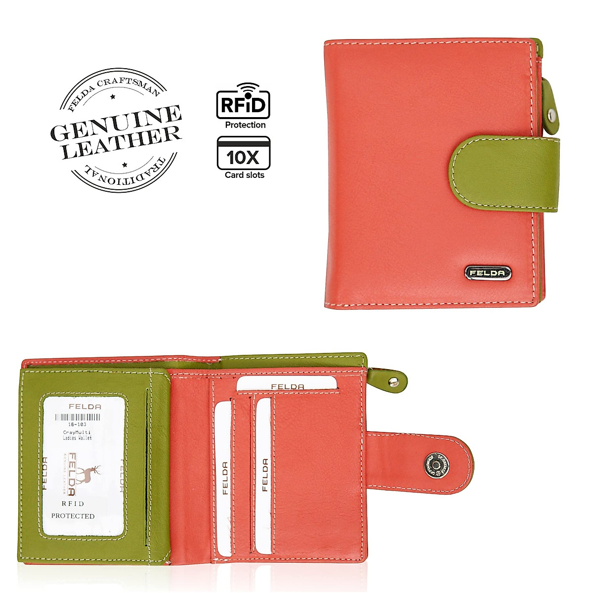 Felda RFID Genuine Leather Ladies Soft Wallet Purse Womens Multi Colour 10 Card Slot (Cray Multi)