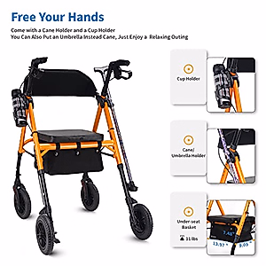 FlyingJoy Folding Rollator Walker with Seat and Extra Wide Backrest, Rollators with All Terrain Large 8-inch Wheels for Seniors, Rolling Walkers with Cup & Cane Holder, Supports up to 300 lbs (Orange)