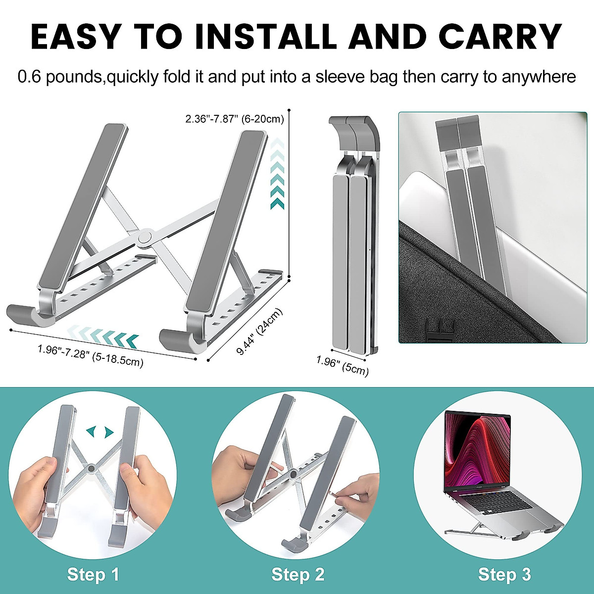 Vaselin Desktop Laptop Stand, Aluminum Alloy Computer Stand,Adjustable Height Ergonomic Laptop Stand,Foldable Laptop Stand Grade 9 Non-Slip，Stand for 9-15.6'' Tablet, Laptops(Silver)