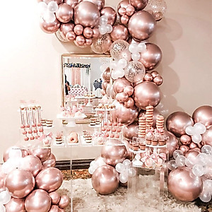 PartyWoo Rose Gold Balloons, 100 pcs Metallic Rose Gold Balloon Arch Kit of 18 inch 12 inch 10 inch 5 inch Latex Balloon Garland and 20m Ribbons for Rose Gold Birthday Decorations, Bachelorette Party
