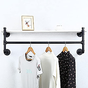 JIANZHUO Industrial Pipe Clothing Rack Wall Mounted with Wood Shelf,Rustic Retail Garment Rack Display Rack Cloths Rack,Pipe Shelving Floating Shelves