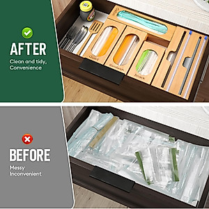 Openable Bamboo Ziplock Bag Storage Organizer & Foil and Plastic Wrap Organizer, Plastic Wrap Dispenser with Cutter and Ziplock Bag Organizer for Kitchen Drawer, 5 Baggie Organizer for Gallon,Quart,Sandwich,Snack