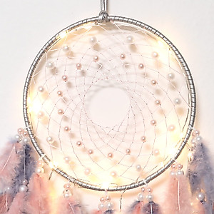 KHOYIME LED Dream Catcher Light Up Handmade Feather Dreamcatchers Boho Wall Hanging for Girls Kids Bedroom Bohemian Home Decor Wedding Ornament Craft Gift (Pink&Grey)