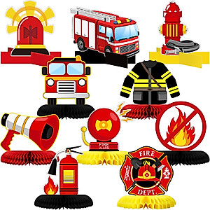 10 Pcs Firetruck Birthday Party Decorations Fire Truck Themed Table Supplies Firetruck Honeycomb Centerpieces Fire Truck Plates Firefighter Fire Hat Extinguisher Fireman Party Favors Supplies for Kids