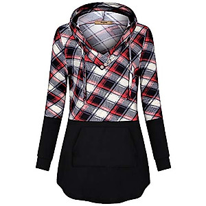 Miusey Knit Hoodie Women,Long Sleeve V Neck Plaid Patchwork Hoodie Polyester Form Fitting Thin Sweatshirt Decorative Wooden Buttons Pocket Fashion Sweaters for Women Black M