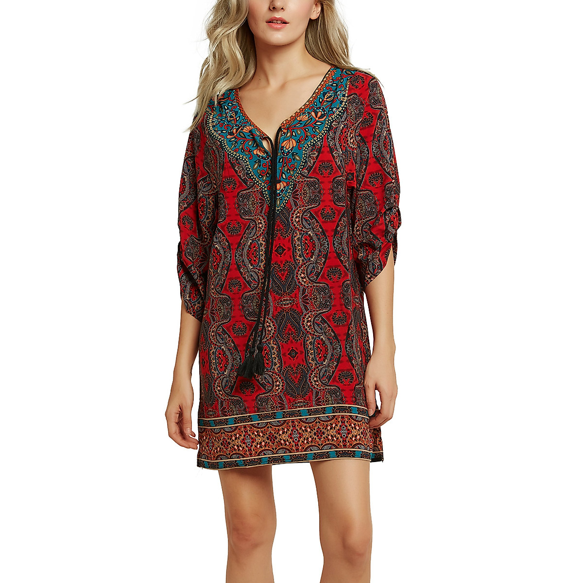 Women Bohemian Neck Tie Vintage Printed Ethnic Style Summer Shift Dress (2XL, Pattern 15)