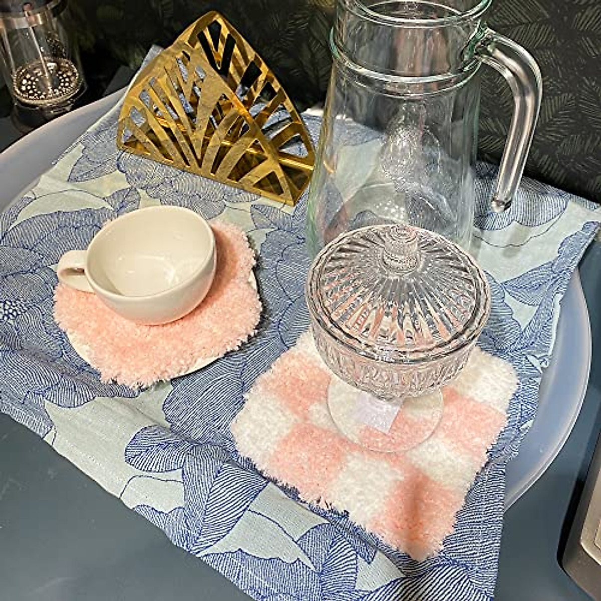 Coasters for Drinks, Handmade Preppy Tufted Pink Pastel Smily Face Rug Cute Aesthetic Home Room Decor Coffee Table Gift 4Pcs