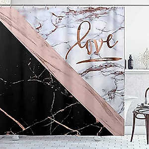 My-baby Rose Gold Marble Bathroom Shower Curtain Sets with Rugs,Toilet Pad Cover and Bath Mat,Rose Gold Faux Marble with Love Waterproof Polyester Shower Curtain Set 4 Pcs Bathroom Decor