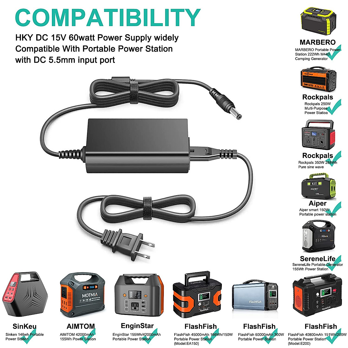 HKY 15V 60W AC Adapter for Anker Powerhouse 200,Rockpals WCE001 RP250W 250W 240Wh K53 350W 288Wh EnginStar SinKeu FlashFish CHAFON AIPER AIMTOM Portable Power Station Solar Generator Power Supply Cord