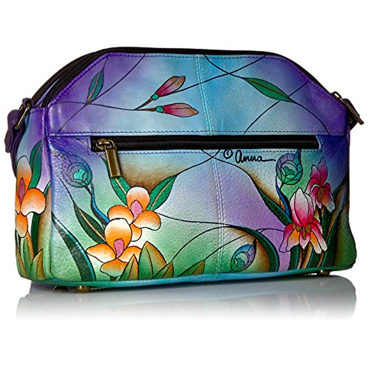 Anna by Anuschka Women's Genuine Leather Medium Multi-Compartment Crossbody | Hand Painted Original Artwork | Midnight Peacock