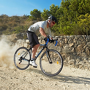 PanAme 21 Speed Road Bike with Light Aluminum Alloy Frame, 700C Wheel Commuter Bicycle with Dual V Brakes, 26” Faster Racing Bike for Men and Women, Triathlon Bike for Adult (FT-Blue)