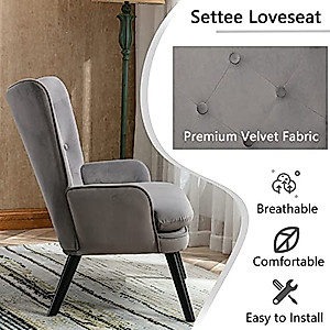 Dolonm Accent Chair Velvet Small Loveseat Tufted Button Wingback Armchair Modern Mid Century Settee Loveseat with Solid Wood Legs for Living Room Bedroom Reading Waiting Room (Silver)