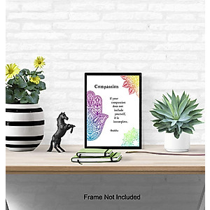 Compassion Buddha Quote - Inspirational Zen Wall Art Decor - 8x10 Buddhism Poster Print for Spa Decoration, Yoga, Meditation Room - Namaste Buddhist Gift - Hamsa Hand of Fatima, Mandala, Lotus, Om
