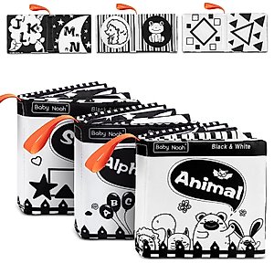 Baby First Soft Activity Cloth Book Set, High Contrast Black and White Interactive Crinkle Soft Book Bundle for Infant, Baby Early Education for Brain Development with Alphabet, Shape, Animal