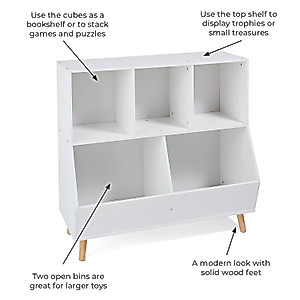 Badger Basket Kid's Bookshelf and Toy Organizer, 5-Bin Wooden Toy Storage with Feet - Fresh White