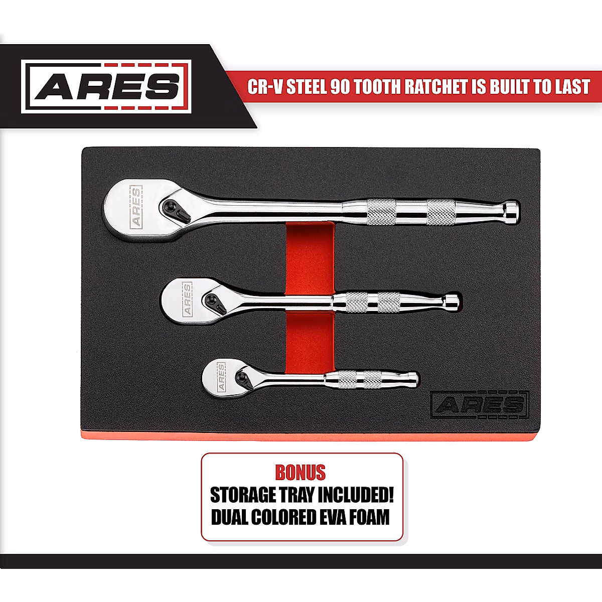 ARES 42000-3-Piece 90-Tooth Full Polish Ratchet Set - Chrome Vanadium Steel Construction & Chrome Plated Finish - Reversible Design - 4 Degree Swing - Ratcheting Tool Set