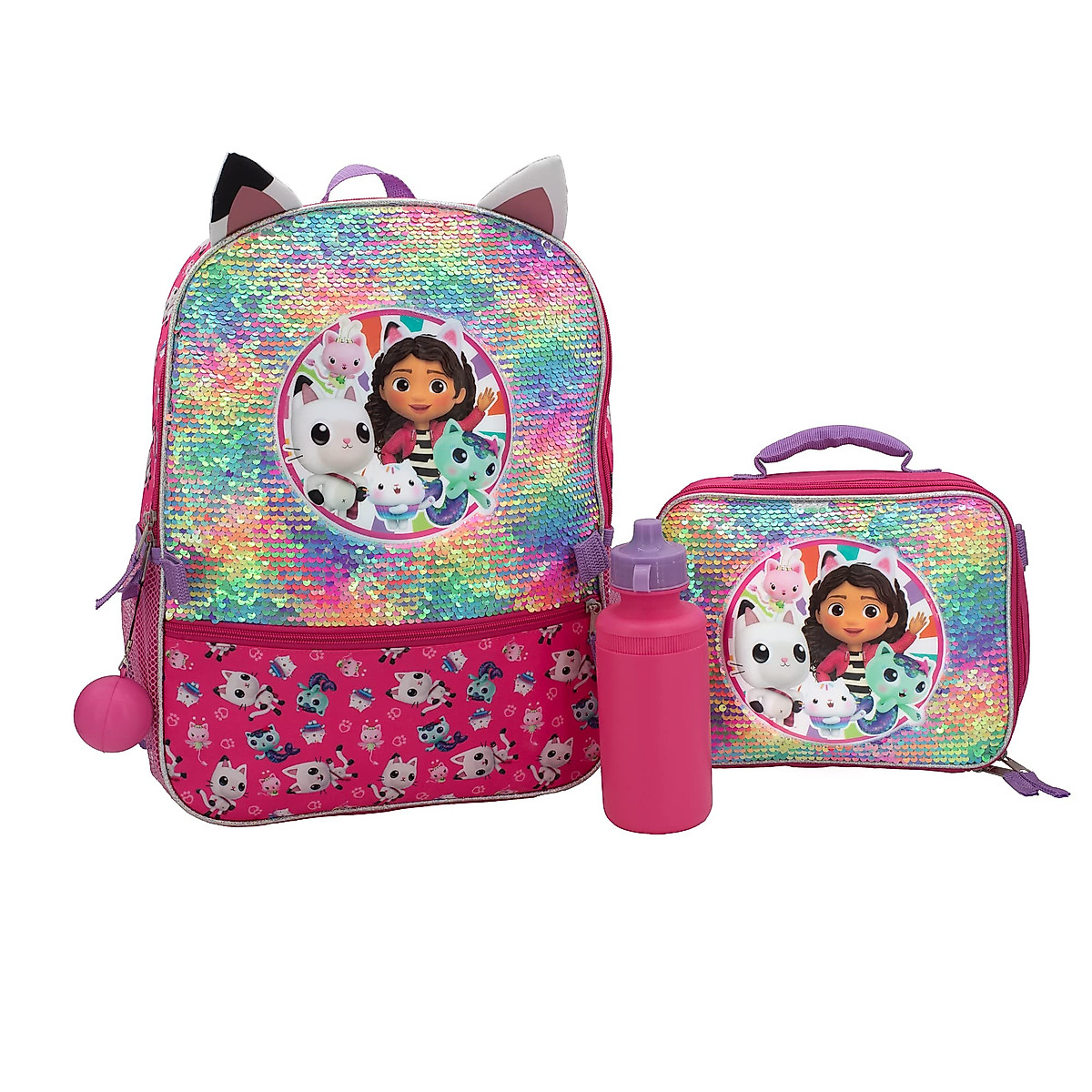 AI ACCESSORY INNOVATIONS Gabby’s Doll House 4 Piece Backpack Set, Flip Sequin 16" School Bag for Girls with Front Zip Pocket, Pink