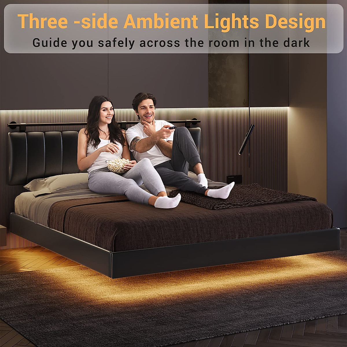 DICTAC Floating King Bed Frame with RGB LED Lights Modern Upholstered King Size Led Bed Frame with Wall Mounted Headboard,No Box Spring Needed,White