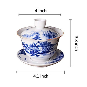 Jingdezhen Chinese Gaiwan Handmade 6.3oz/180ml Mountain Style China Blue and White Porcelain Gaiwan Kungfu Teacup Traditional Chinese Teaware Tea Set