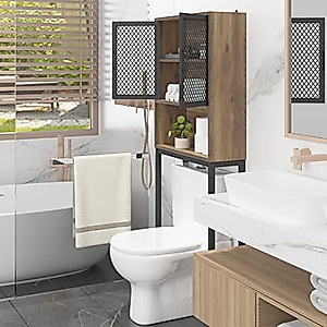 Launica Bathroom Organizer Over Toilet, Over The Toilet Storage Cabinet, Wood Metal Bathroom Space Saver Stand Behind Toilet, Industrial Freestanding Bathroom Rack Above Toilet Wtih Shelf, Rustic Oak