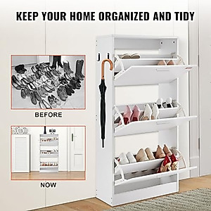 VEVOR Shoe Cabinet with 3 Flip Drawers, Shoe Storage Cabinet for Entryway, Free Standing Shoe Storage Organizer with Side Hooks for Heels, Boots, Slippers in Hallway, Living Room