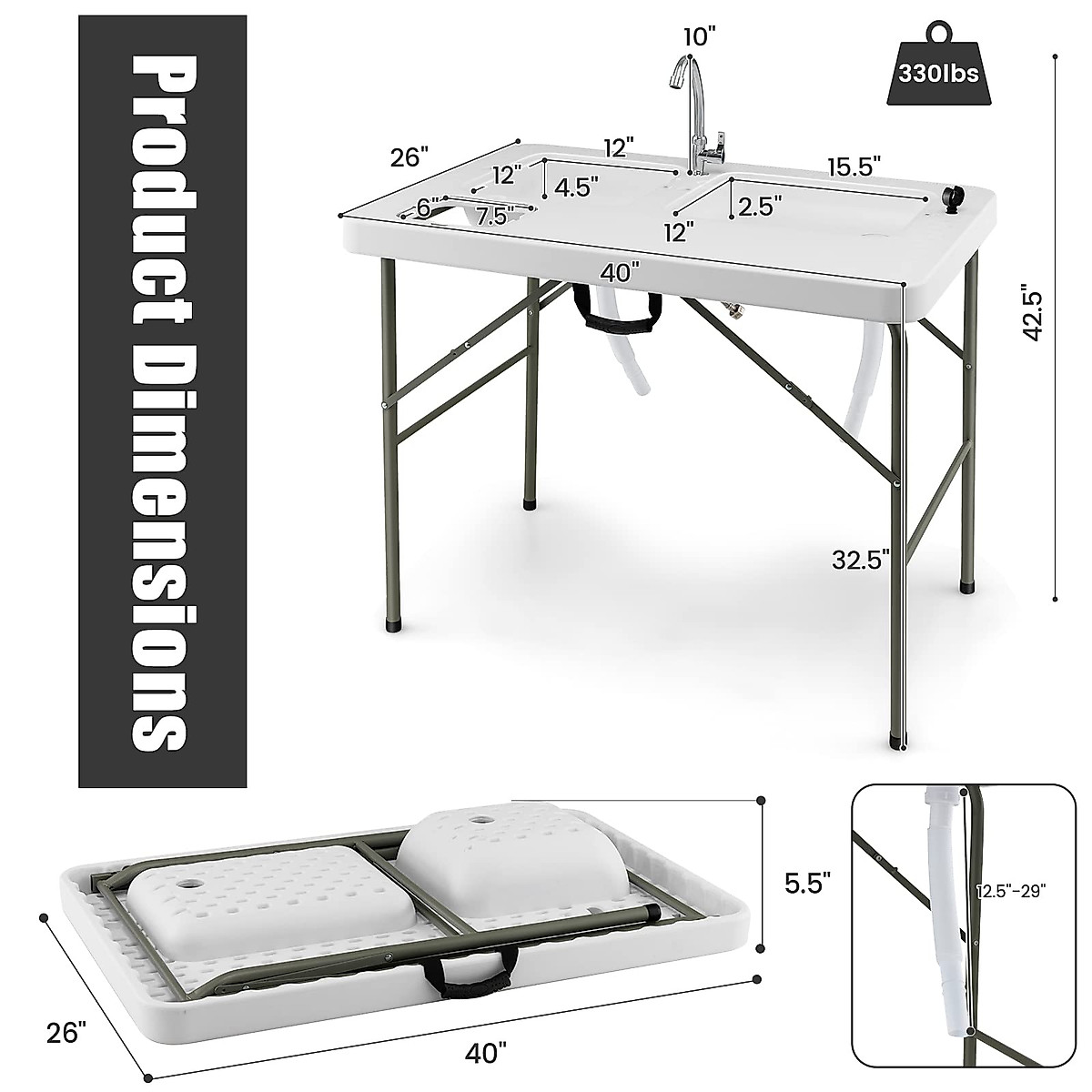 Giantex Fish Cleaning Table w/ 2 Sinks, Faucet, Hose Hook Up, Portable Folding Camping Table w/Measure Mark, Outdoor Fillet Cleaning Station for Fishing Beach Picnic (with Water Hose Holder)