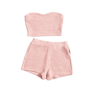 Verdusa Women's 2 Piece Outfit Ribbed Crop Bandeau Tube Top and Biker Track Shorts Sets Light Pink XS