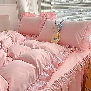 MOOWOO Chic Ruffle Lace Polyester Duvet Cover Set -Girl Pink Bedding-3 Piece Full Duvet Cover with Zipper Closure -Ultra Soft and Light Weight (Pink, Full)