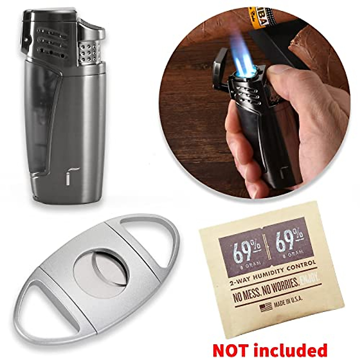 CiTree Cigar Case, Cedar Wood Travel Portable Leather Cigar Humidor with Cigar Lighter and Cutter, Black Crocodile Pattern