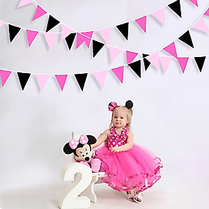 32Ft Rose Hot Pink Black Pennant Banner Fabric Triangle Flag Cotton Bunting Garland for Minnie Mouse Birthday Wedding Anniversary Party Home Nursery Outdoor Garden Hanging Festivals Decoration (36Pcs)